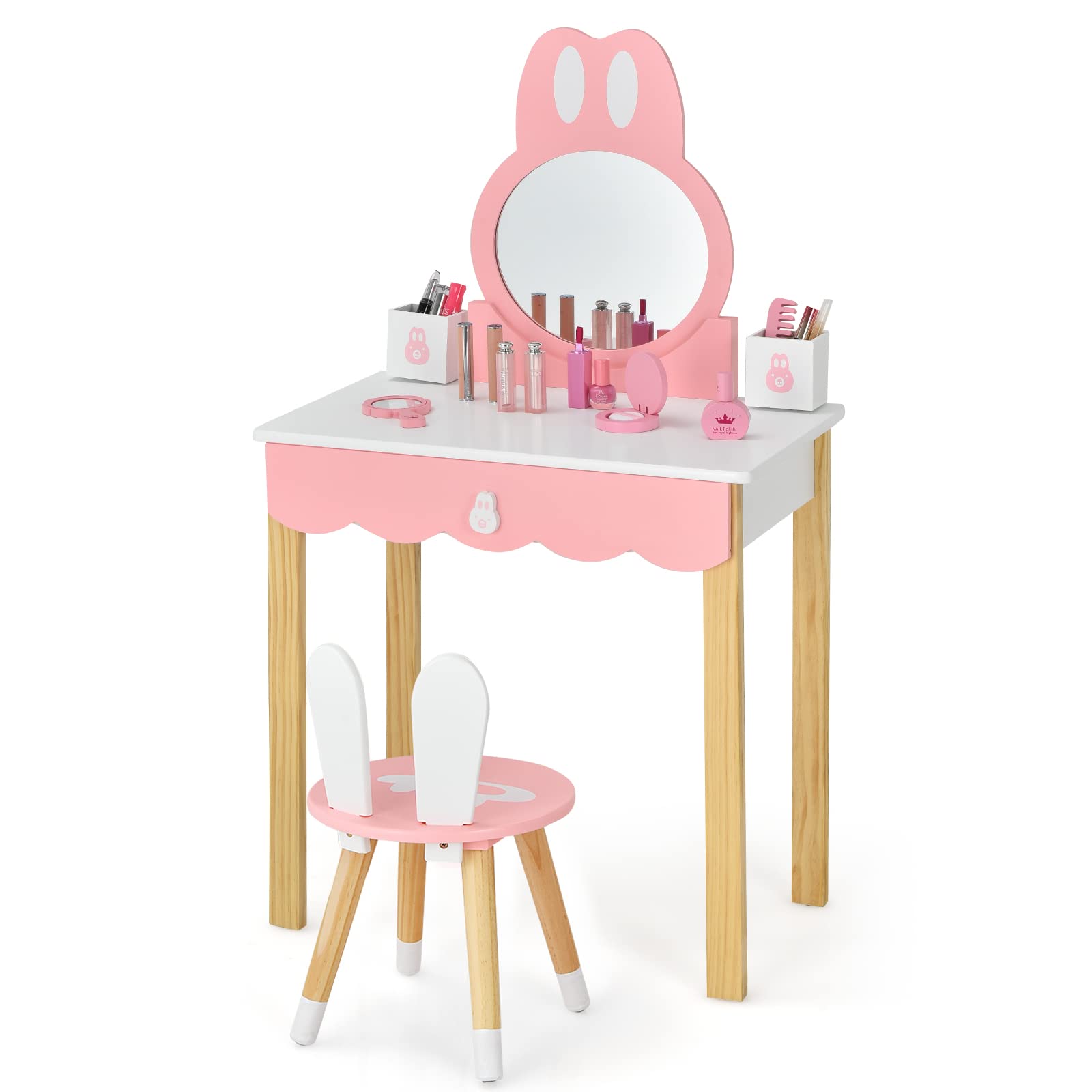 COSTWAY Kids Dressing Table, Girls Vanity Tables with Stool, Removable ...