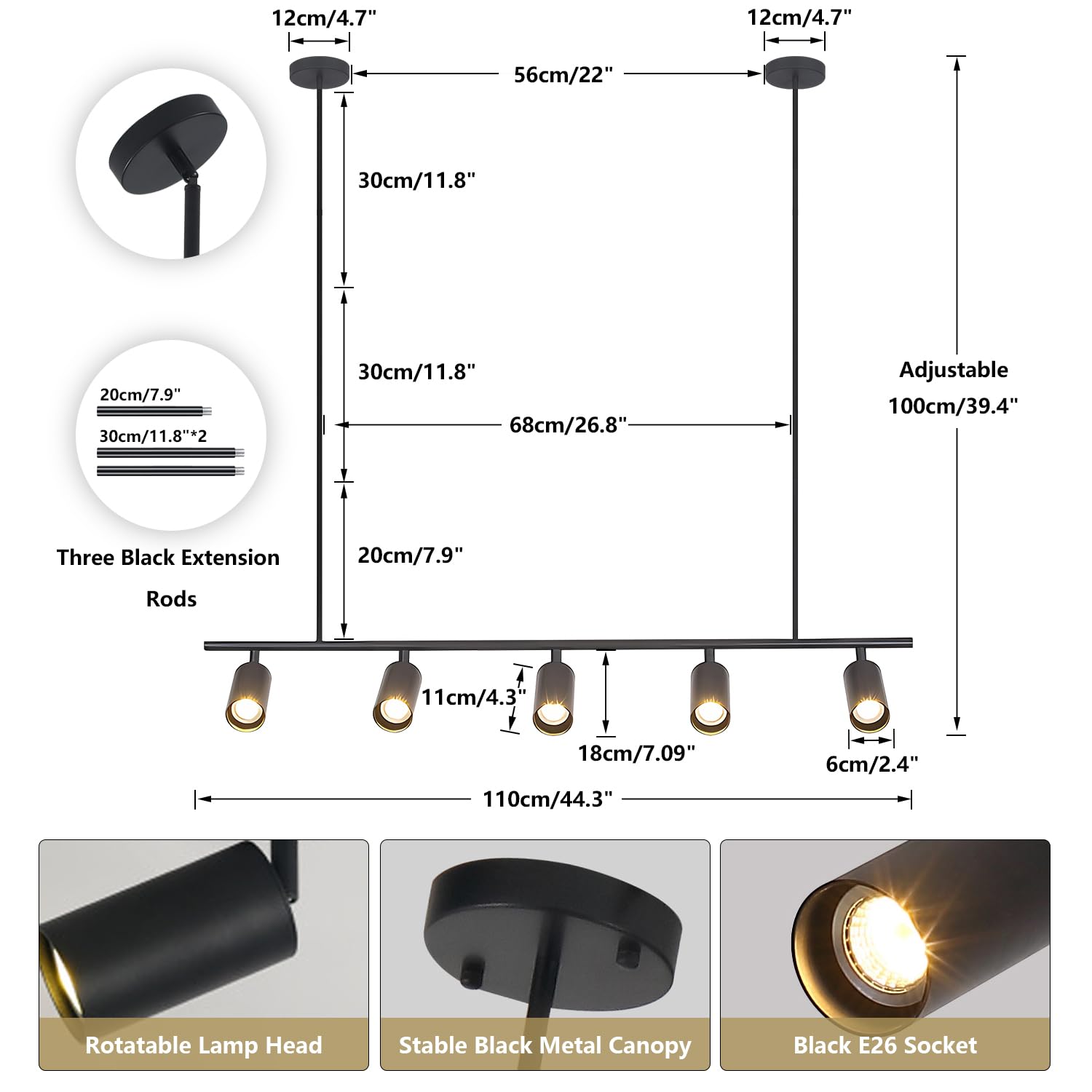Snapklik.com : Matte Black Metal 5-Lights LED Linear Track Lighting Mid ...