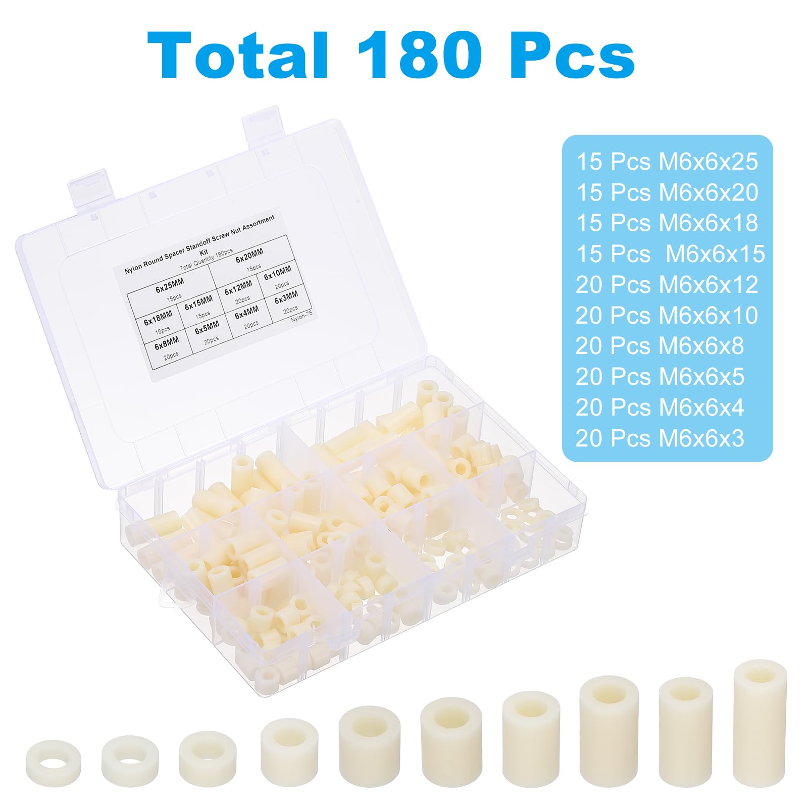 PATIKIL M6 Nylon Spacer, 180Pcs Round Spacer Standoff Non-Threaded ...