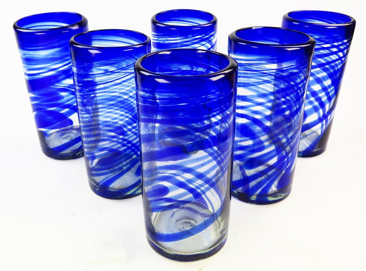Amazon.com | Mexican Blue Swirl Glass Tumblers 20-22 Oz (Set of 6 ...