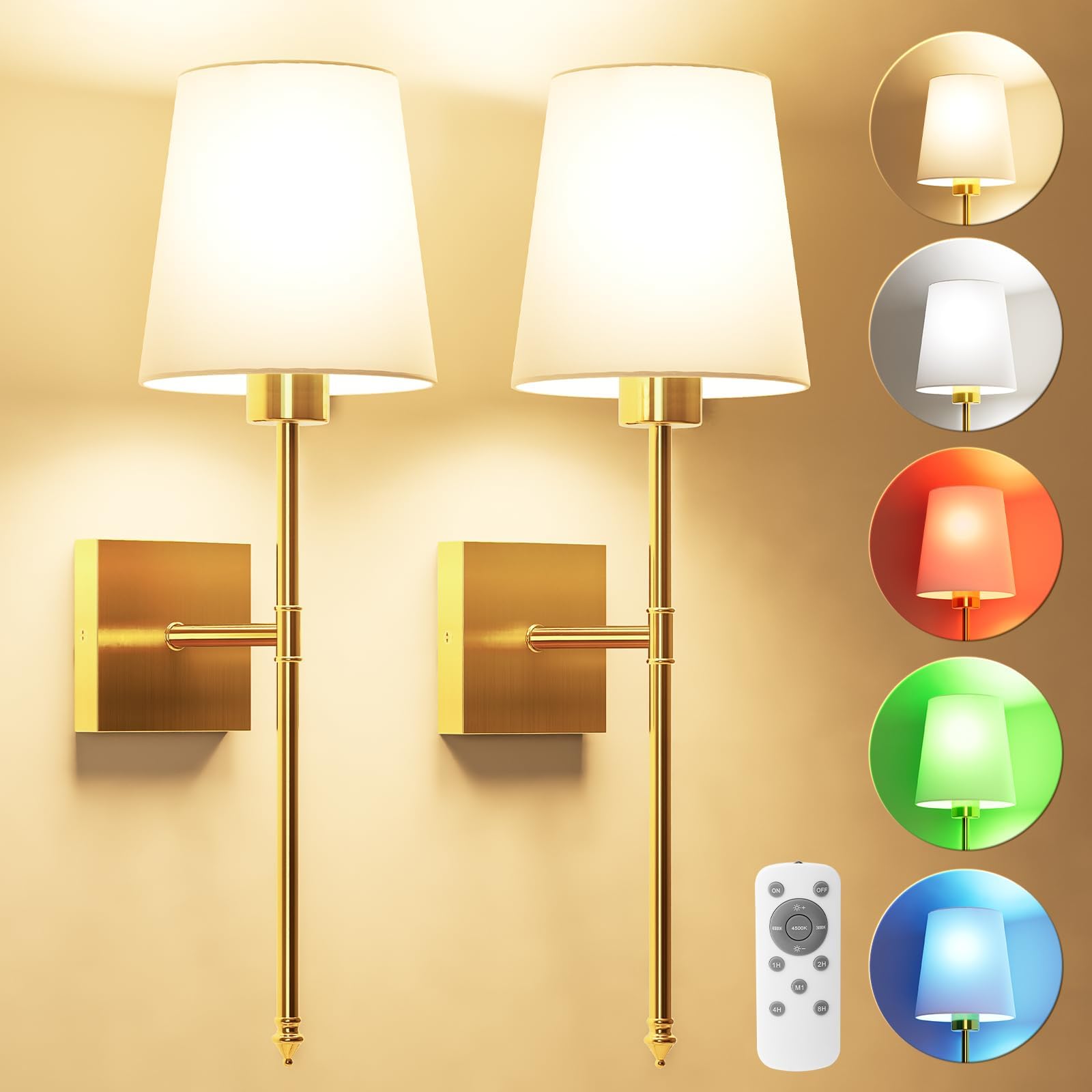 BrightWe Battery Operated Wall Sconce Set of 2,Gold Rechargeable Wall ...