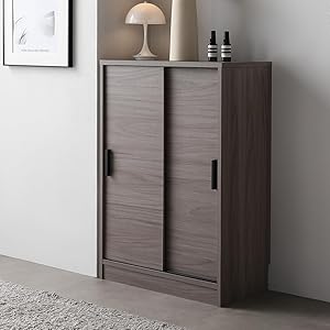 Amazon.co.jp: RASIK サイドボード 薄型 スリム収納 約幅60×奥行30cm グレージュ 引き戸 扉付き カウンター下 キャビネット 木製 お客様組立 Ecart エカート ...