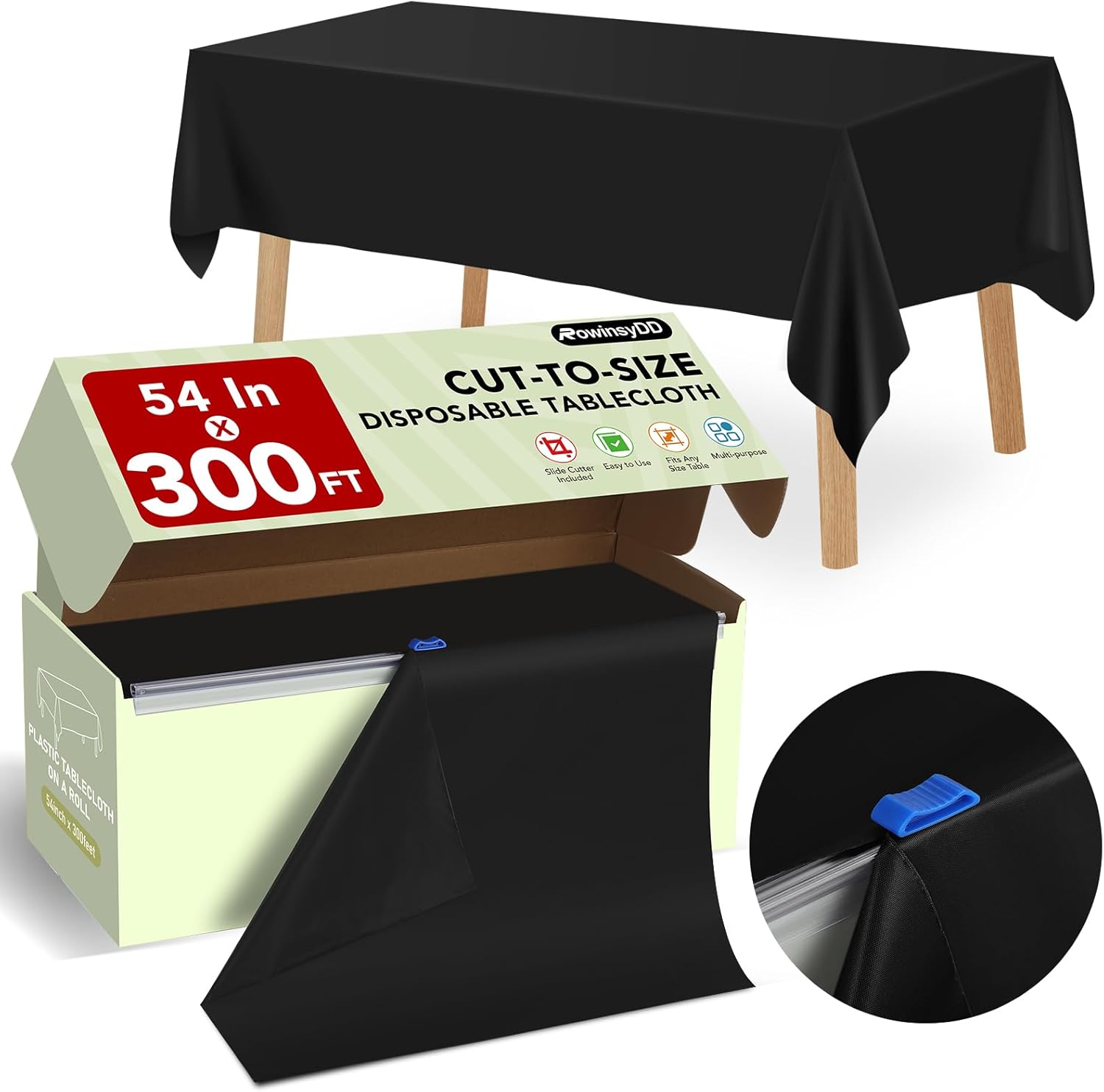54 IN X 300 FT Black Plastic Table Cover Roll with Slide Cutter, Cuts ...
