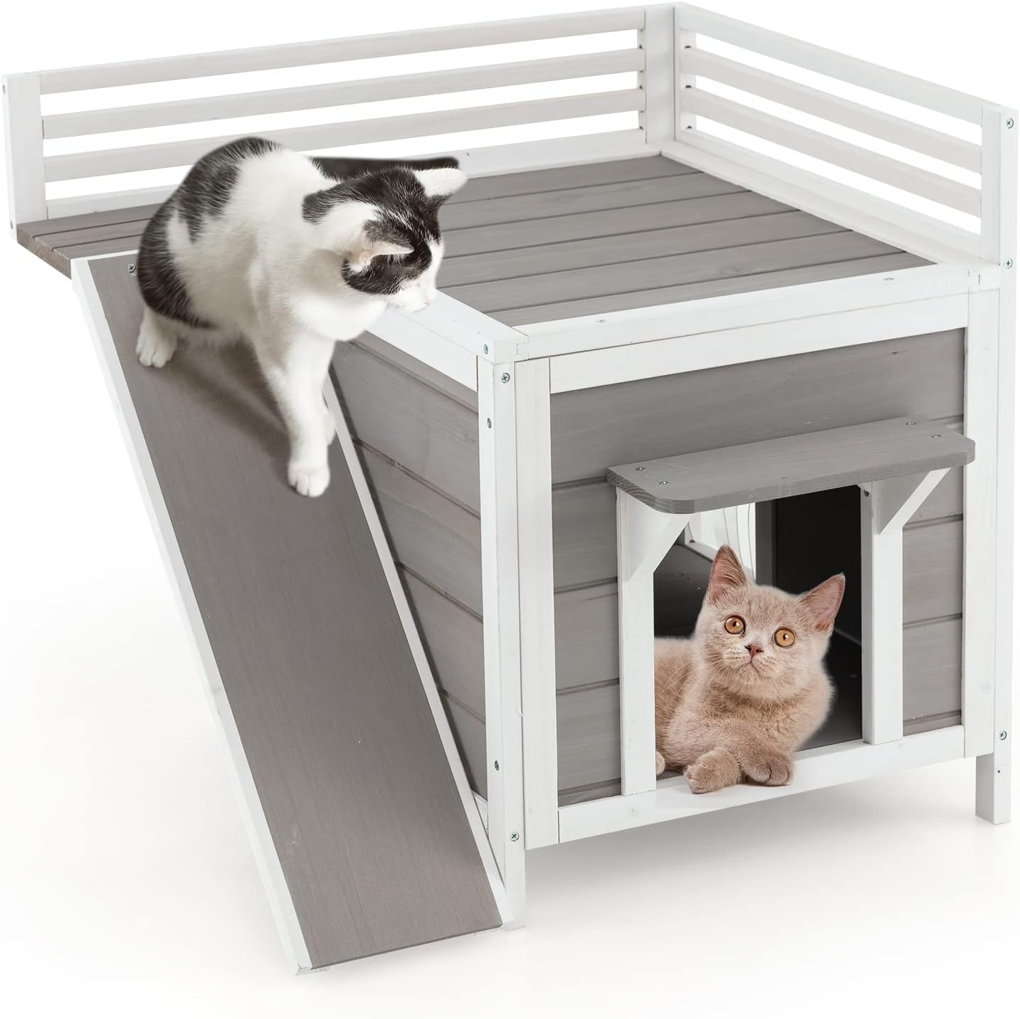 COSTWAY Wooden Cat House, Outdoor Kitten Shelter with Balcony, Ramp ...