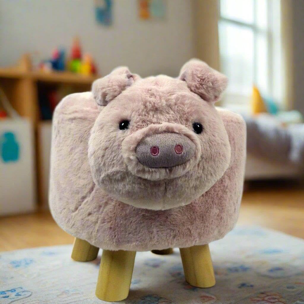 Wooden Animal Stool - 30cm Dog Design, Plush Faux Fur Seat with ...