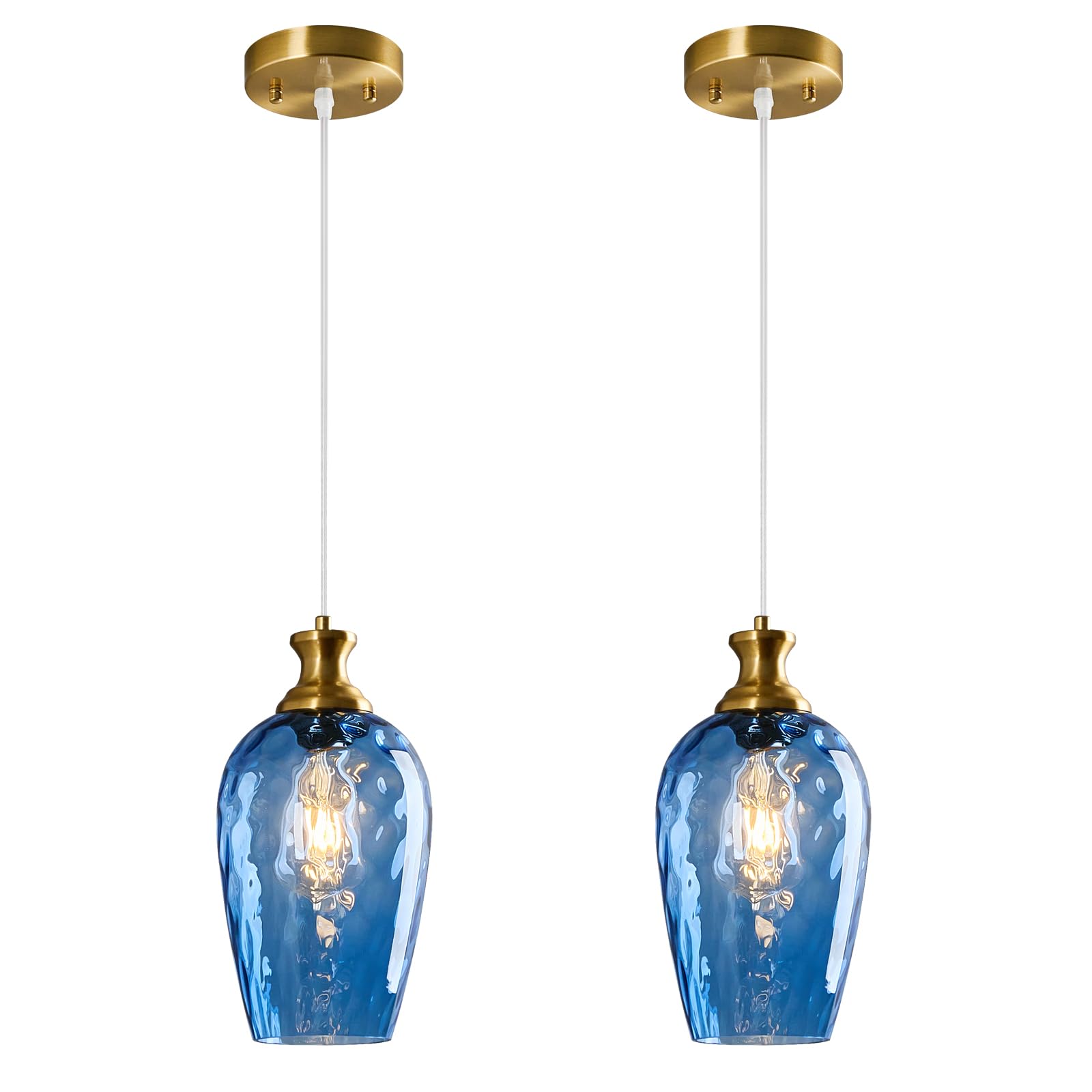 LBSQJ Glass Pendant Lights Kitchen Island 2 Pack 5.9" Blue Hammered ...