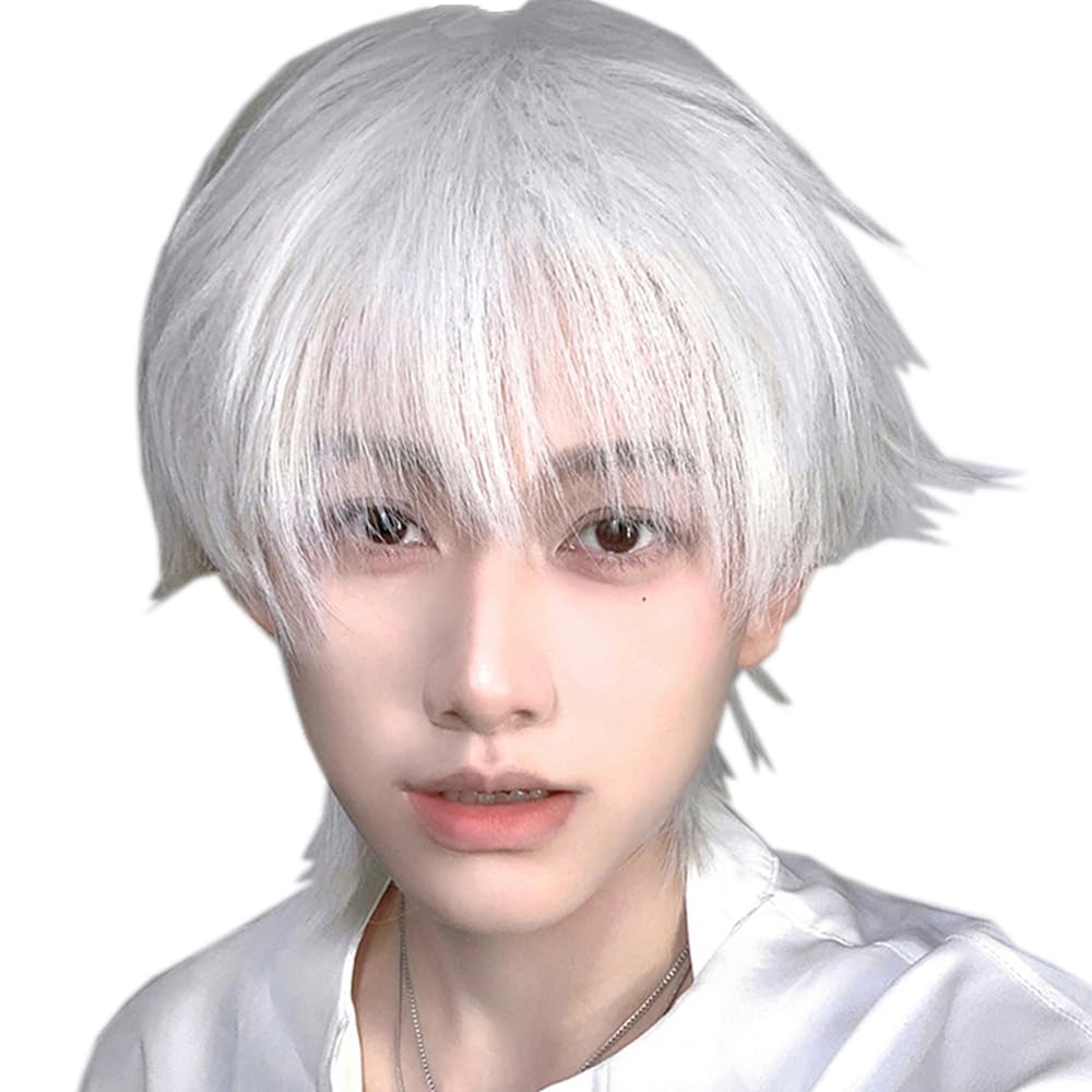 Amazon.com : osseoca White wig Short hair Boys Chopped bangs DK cos wig Daily wig (White ...