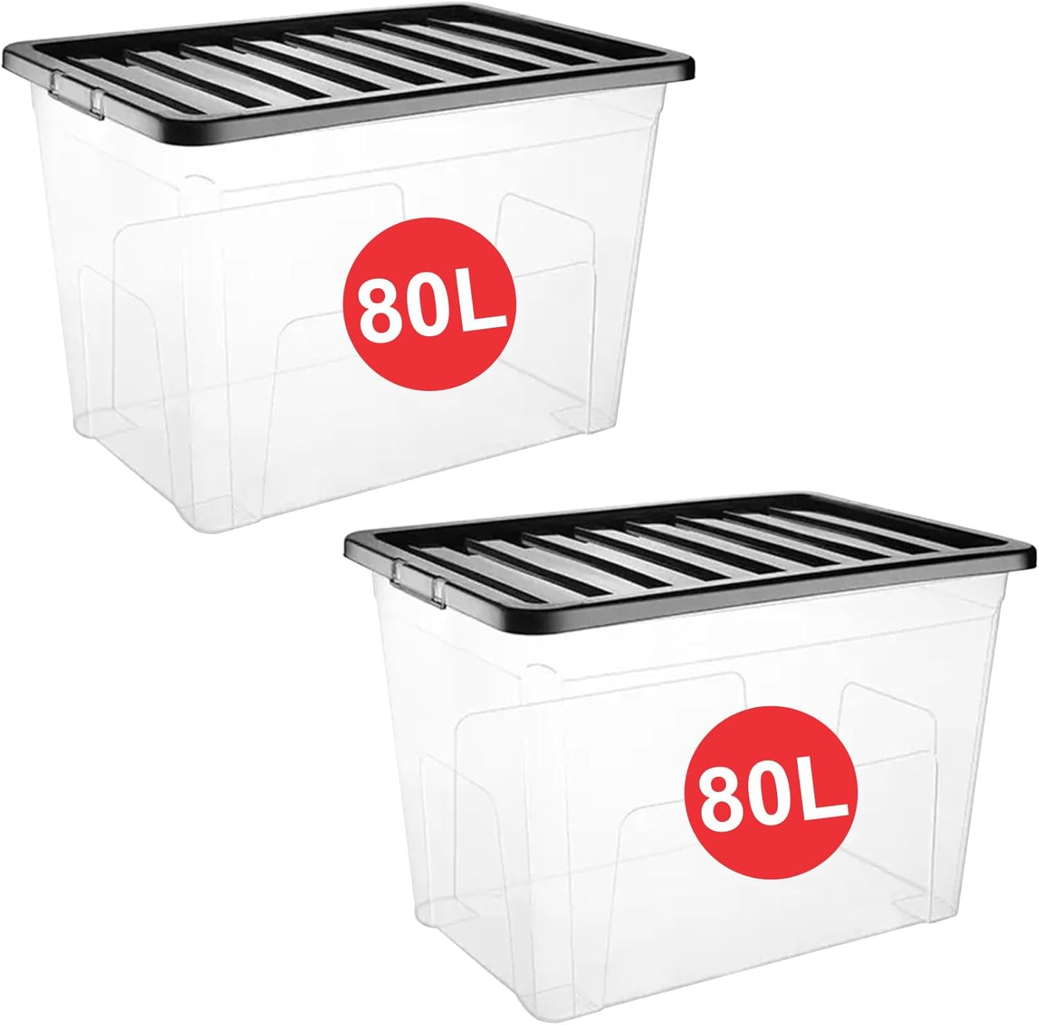 RelianceUK 2 X 80L Plastic Storage Boxes with Black Lid - (80 Litre / 2 ...