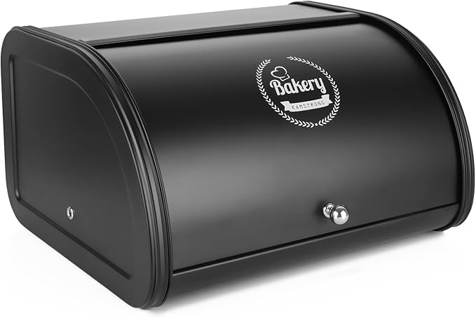SENENQU Steel Bread Bin, Black Roll Top Bread Box with Handle, Kitchen ...