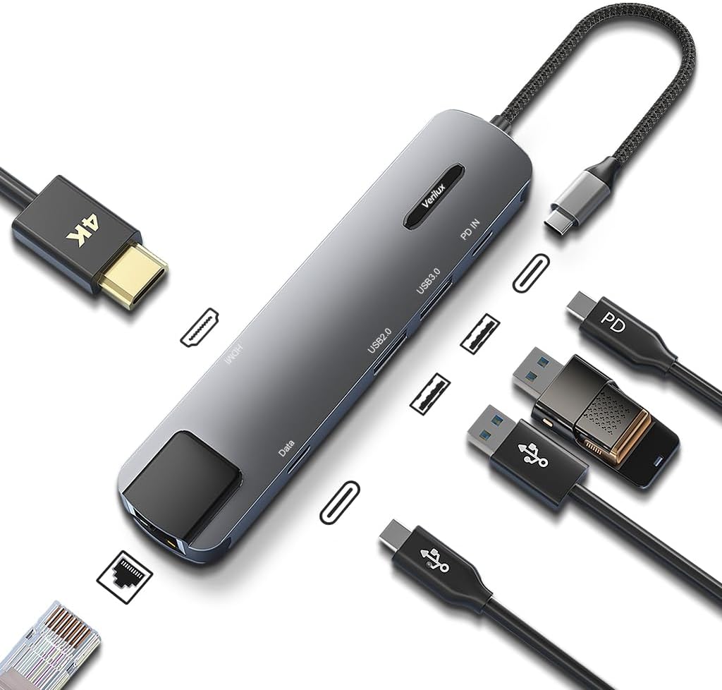 Verilux® USB C Hub with Ethernet 6 in 1 USB Type C Hub with 4K HDMI ...