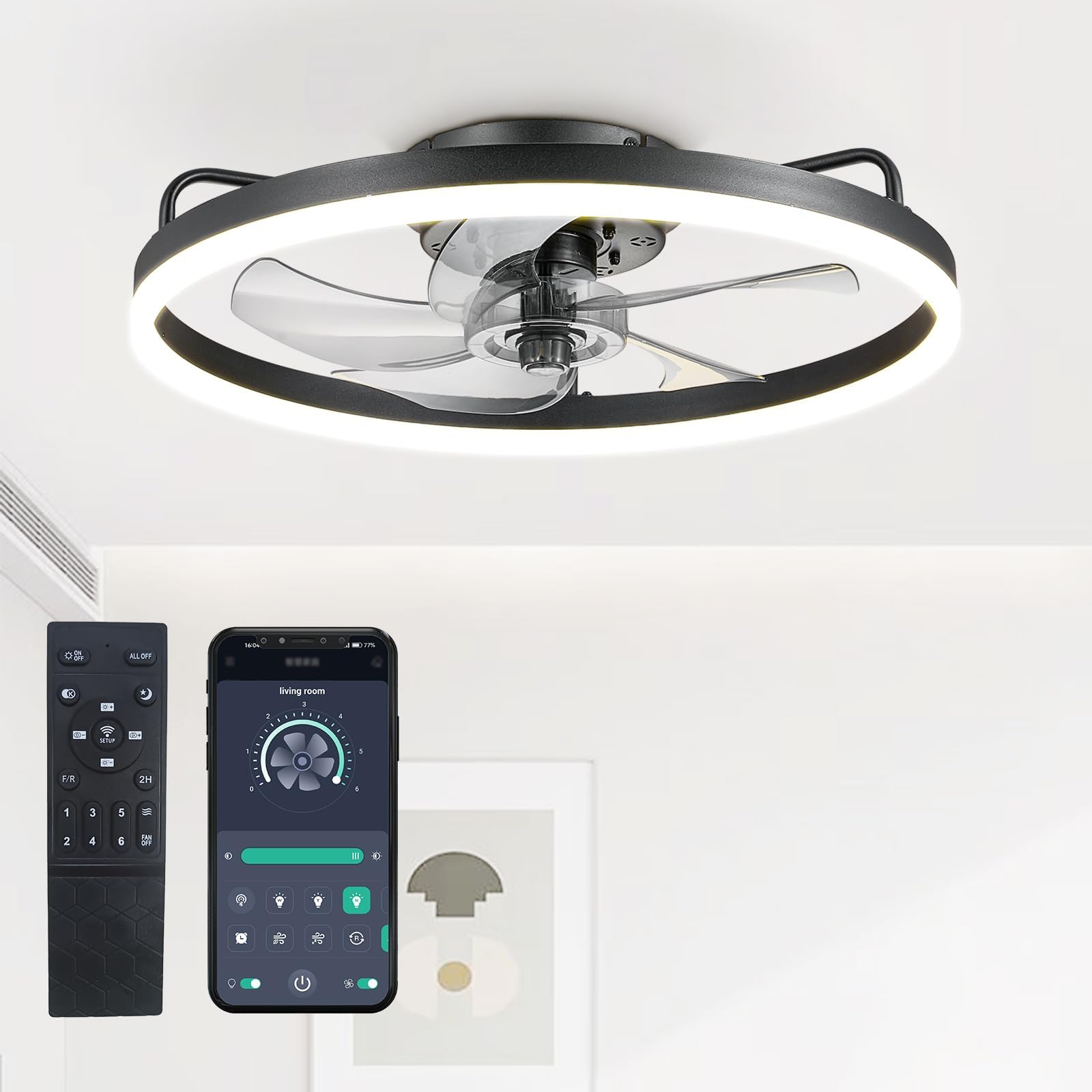 Ohniyou 20'' Flush Mount Modern Ceiling Fan with Light and Remote, Low ...