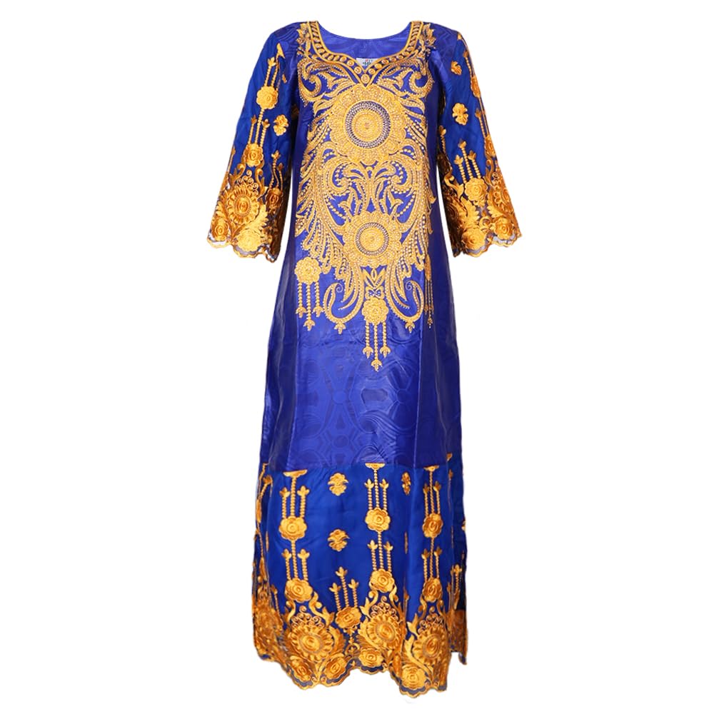 Snapklik.com : HD African Traditional Blue Bazin Maxi Dress For Woman Gold Embroidery Lace ...