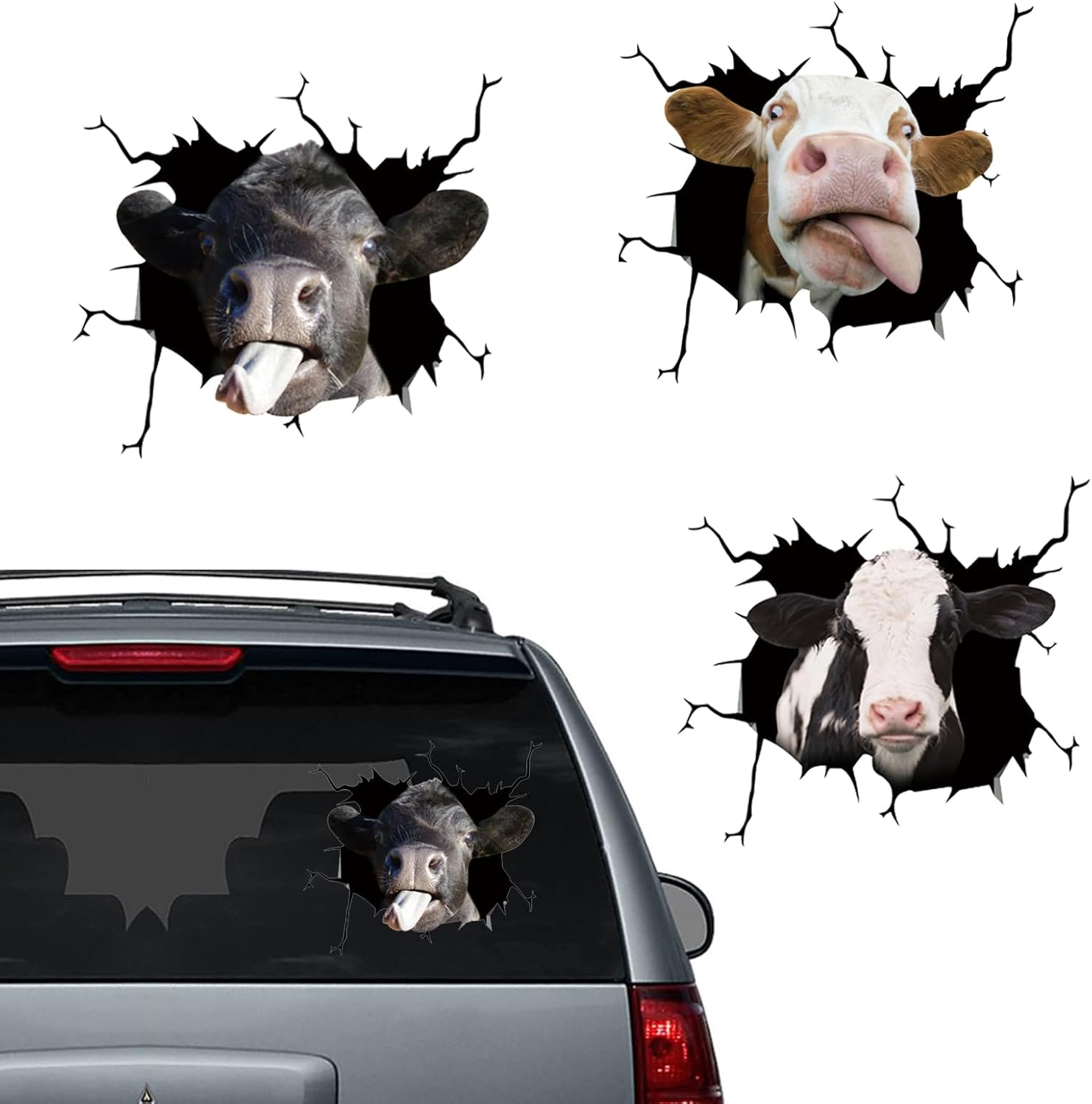 Amazon.com - 3 Pcs Cow Car Stickers Crack Animal Car Decals Funny Cow ...