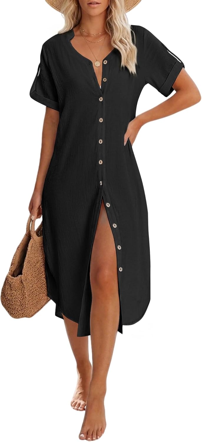 Bsubseach Womens Swimsuit Coverup Button Down Casual Summer Dress ...