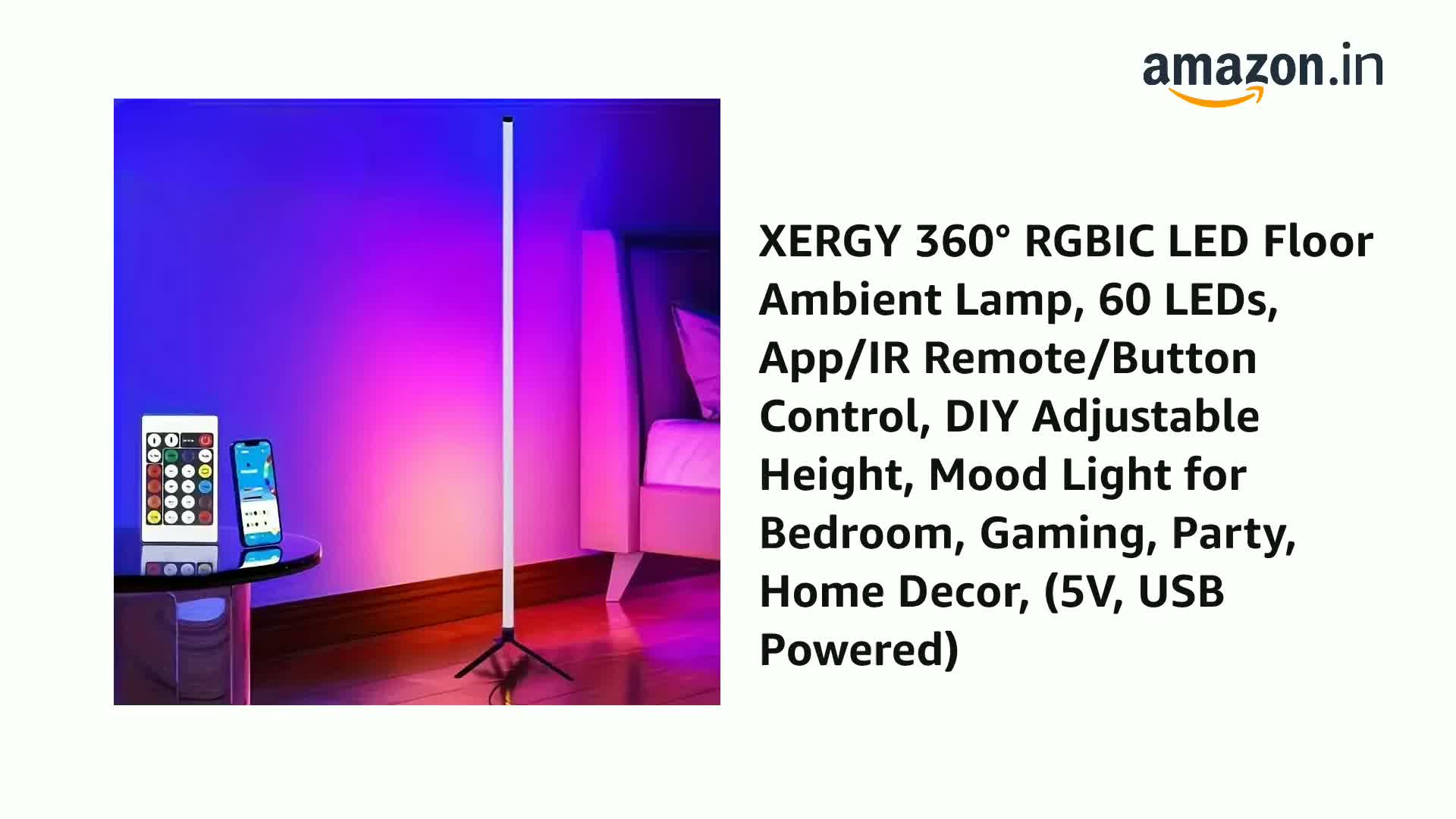 Watch XERGY 360° RGBIC LED Floor Ambient Lamp, 60 LEDs, App/IR Remote ...