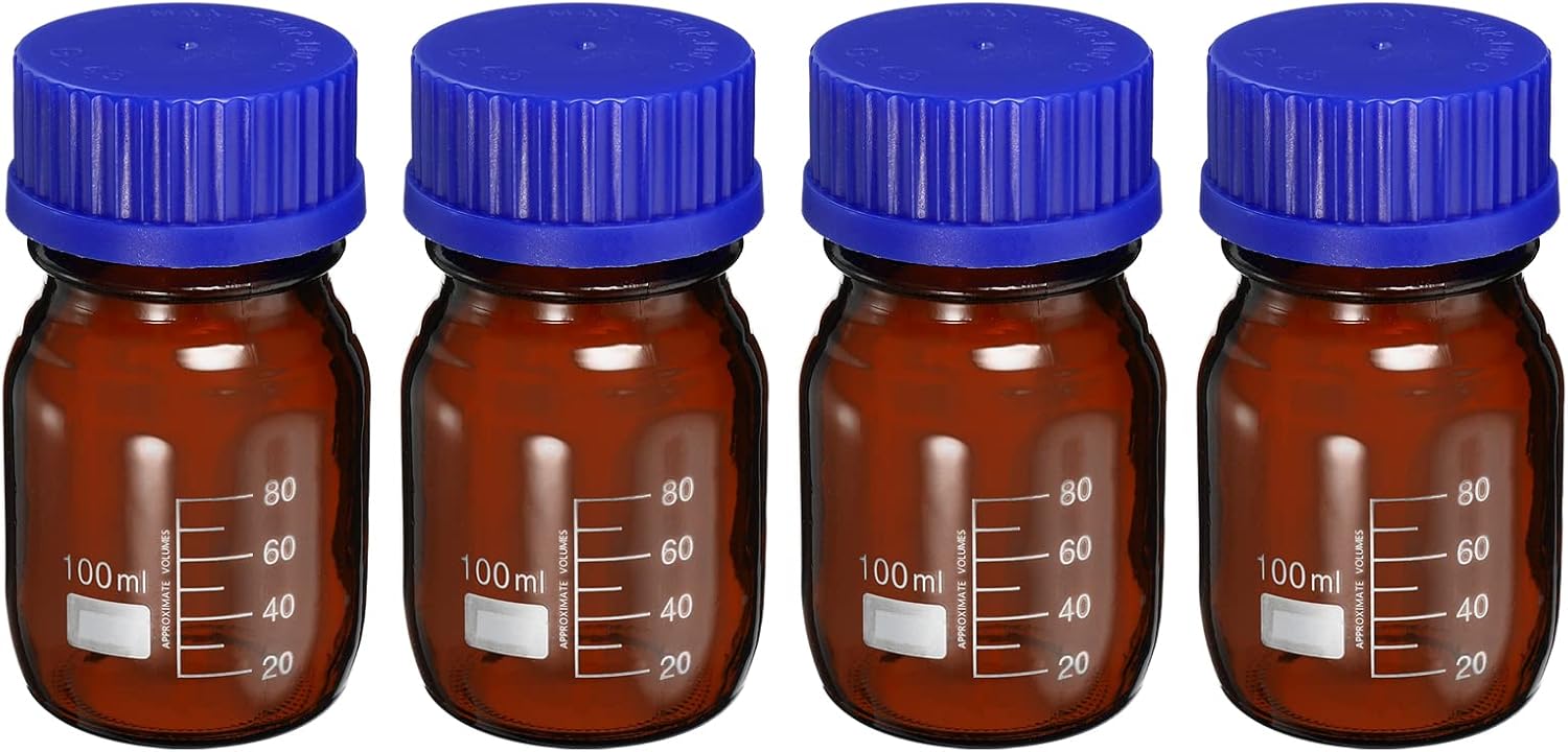 PATIKIL 100mL Reagent Media Bottle, 4Pcs Round Graduated Glass Storage ...