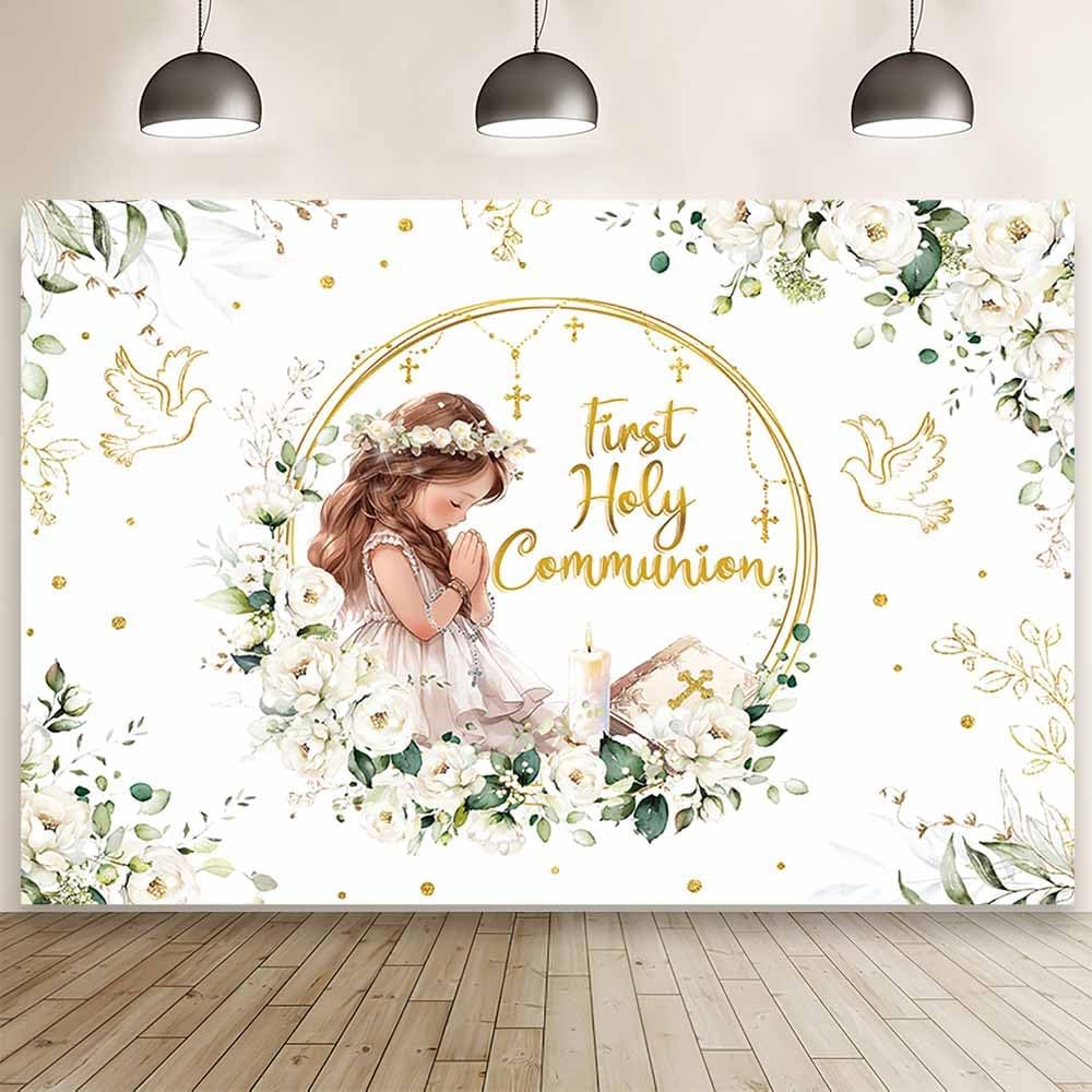 Amazon.com : MEHOFOND 7x5ft First Holy Communion Backdrop for Girls ...