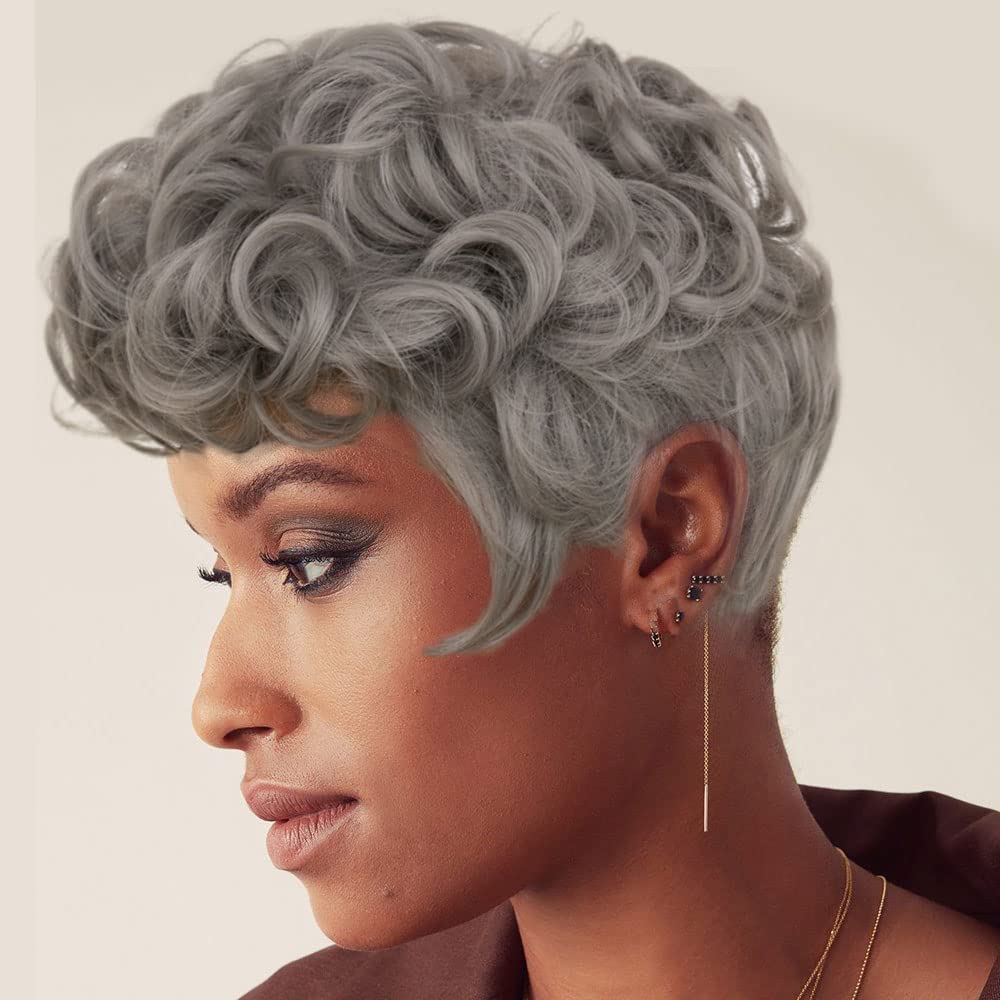 Amazon.com : MOONSHOW Short Pixie Cut Wig Gray Pixie Wigs for Black ...