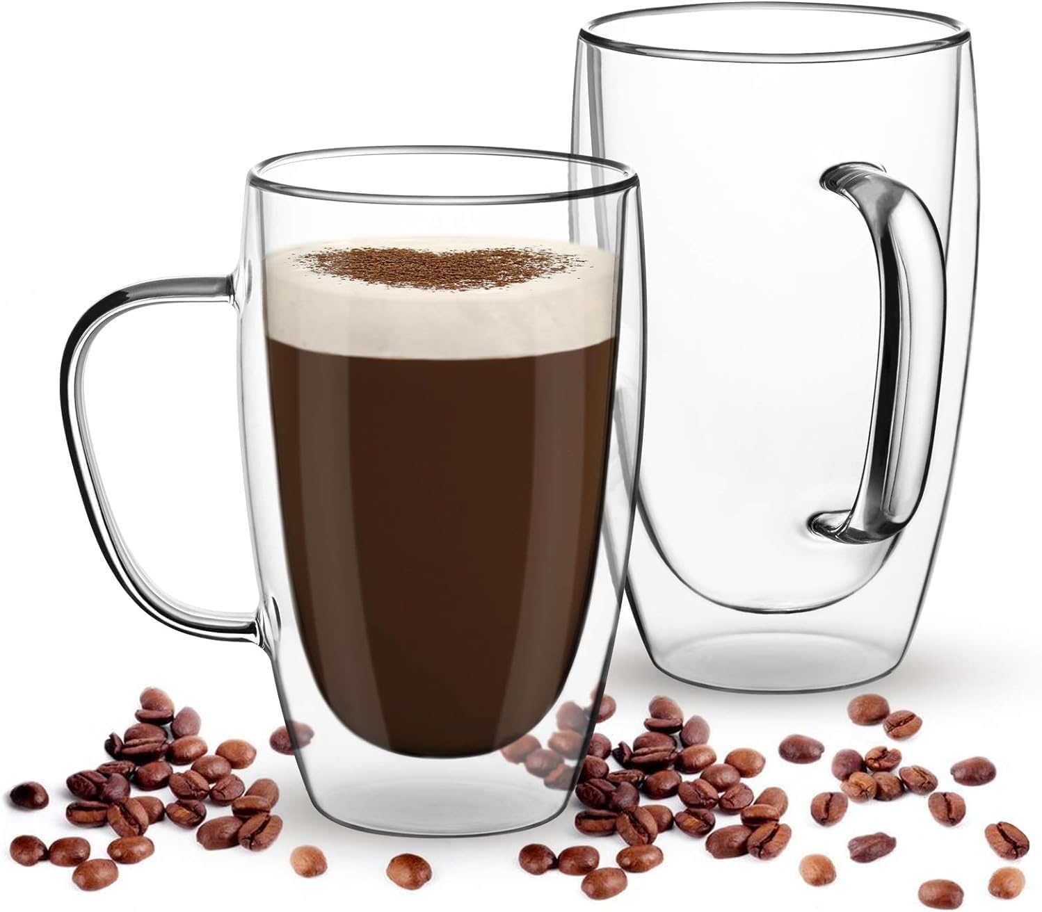 camako Double Walled Glass Coffee Cups with Handle, Set of 2 Hollow ...