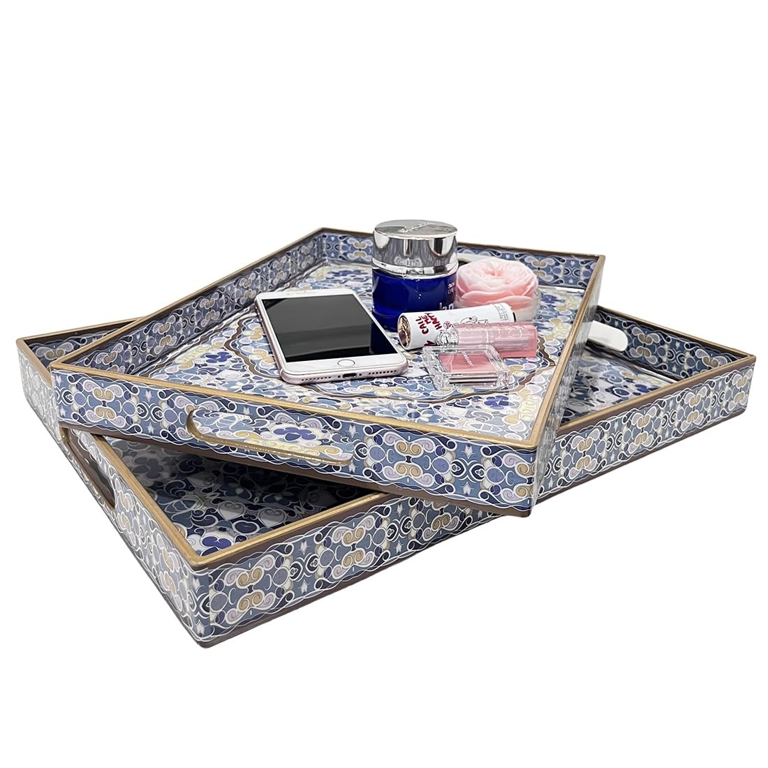Umisriro Boho Decorative Tray, Modern Blue Serving Tray with Handles ...