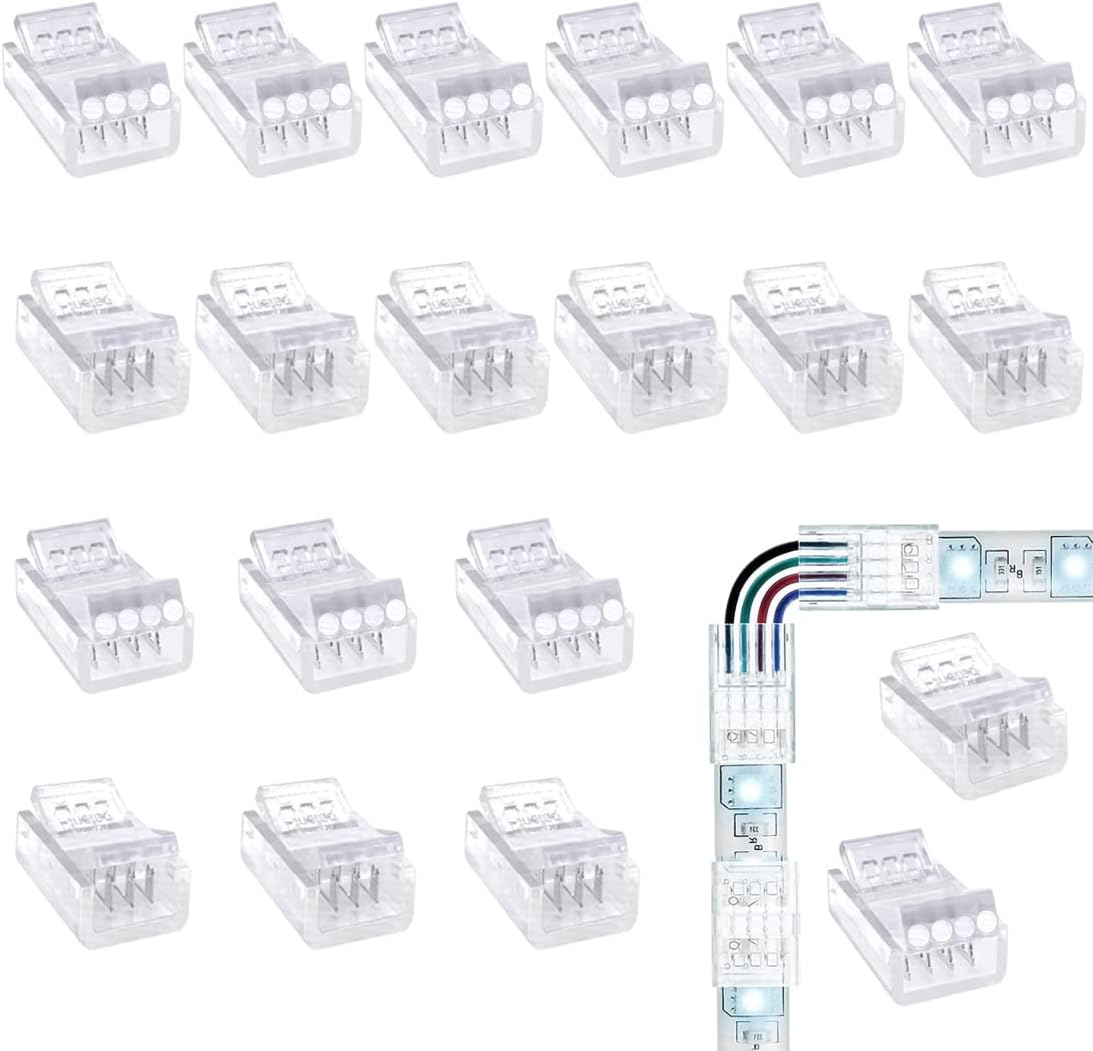 20 Pack RGB LED Light Strip Connectors, 4 Pin 10mm, 2 Type Waterproof ...