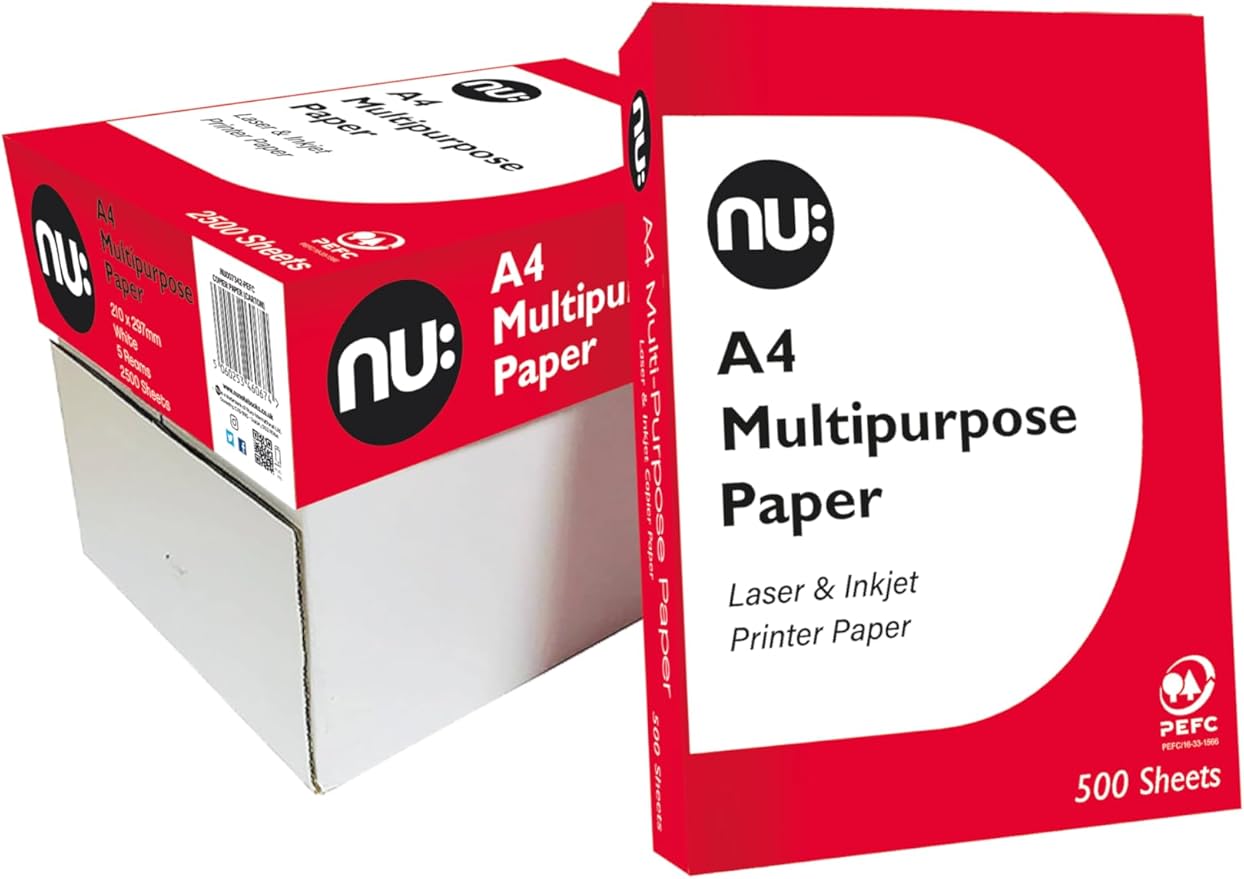 nu: A4 Multi-Purpose Printer Paper, White, 500 Sheets, Smooth Surface ...