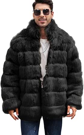 crazynekos Men Faux Fur Coat Fluffy Fur Collar Winter Thicken Warm Overcoat Soft Jacket at ...