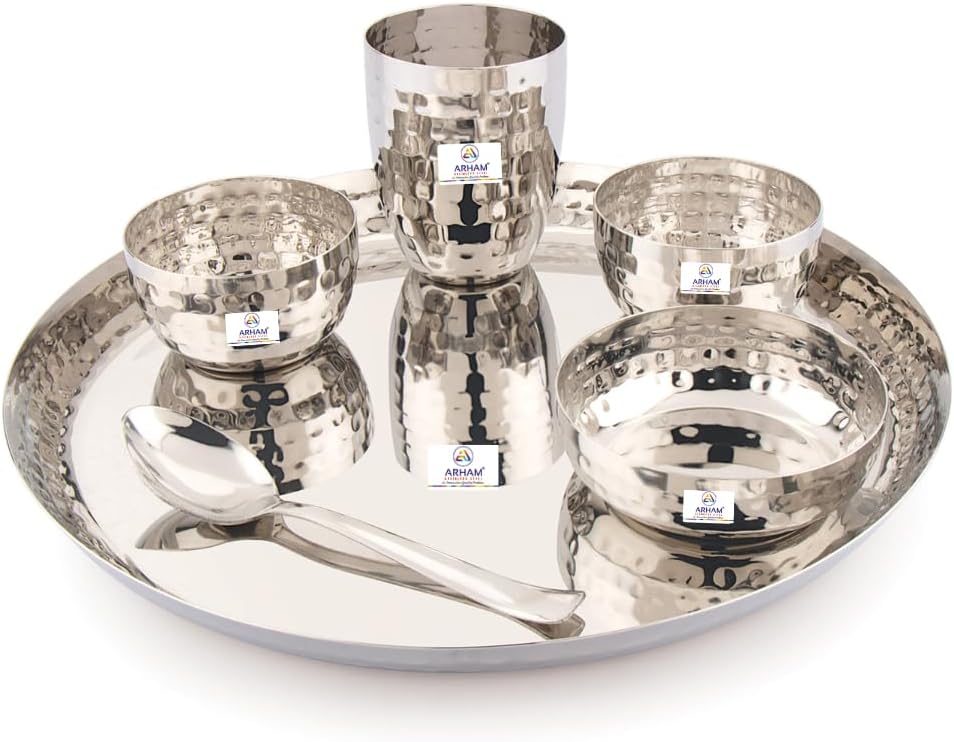HOMEPRIVILEZ “Royal” PVD Gold Stainless Steel Hammered Thali Set/Dinner ...