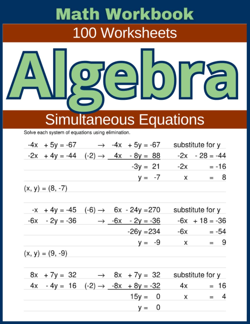Algebra Simultaneous Equations Math Workbook 100 Worksheets Hands On