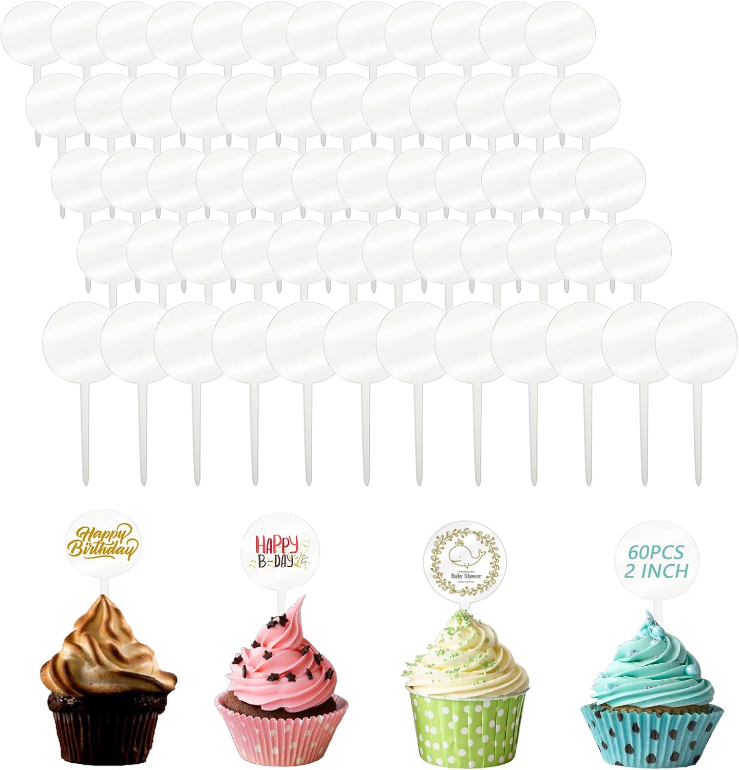 Amazon.com: 60 PCS 2 Inch Acrylic Cupcake Toppers Blank Clear Cake ...