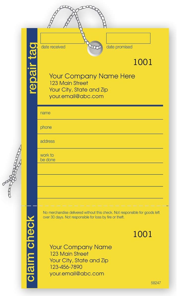 Amazon.com : CheckSimple Repair Tags with Claim Check - Yellow 3 1/8" x ...