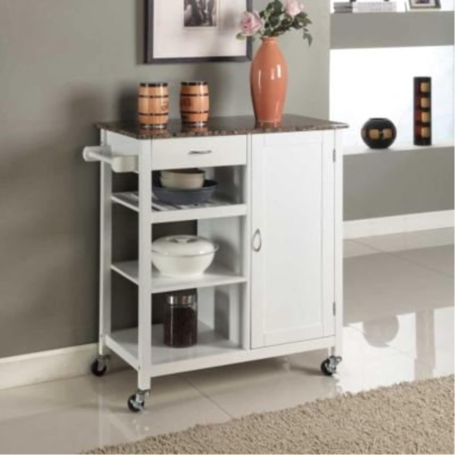 Amazon.com - InRoom Designs Kitchen Cart with Faux Marble Top; White ...