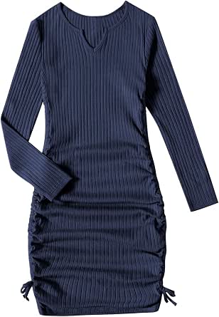 Amazon.com: OYOANGLE Girl's Long Sleeve Ribbed Knit Drawstring Side ...