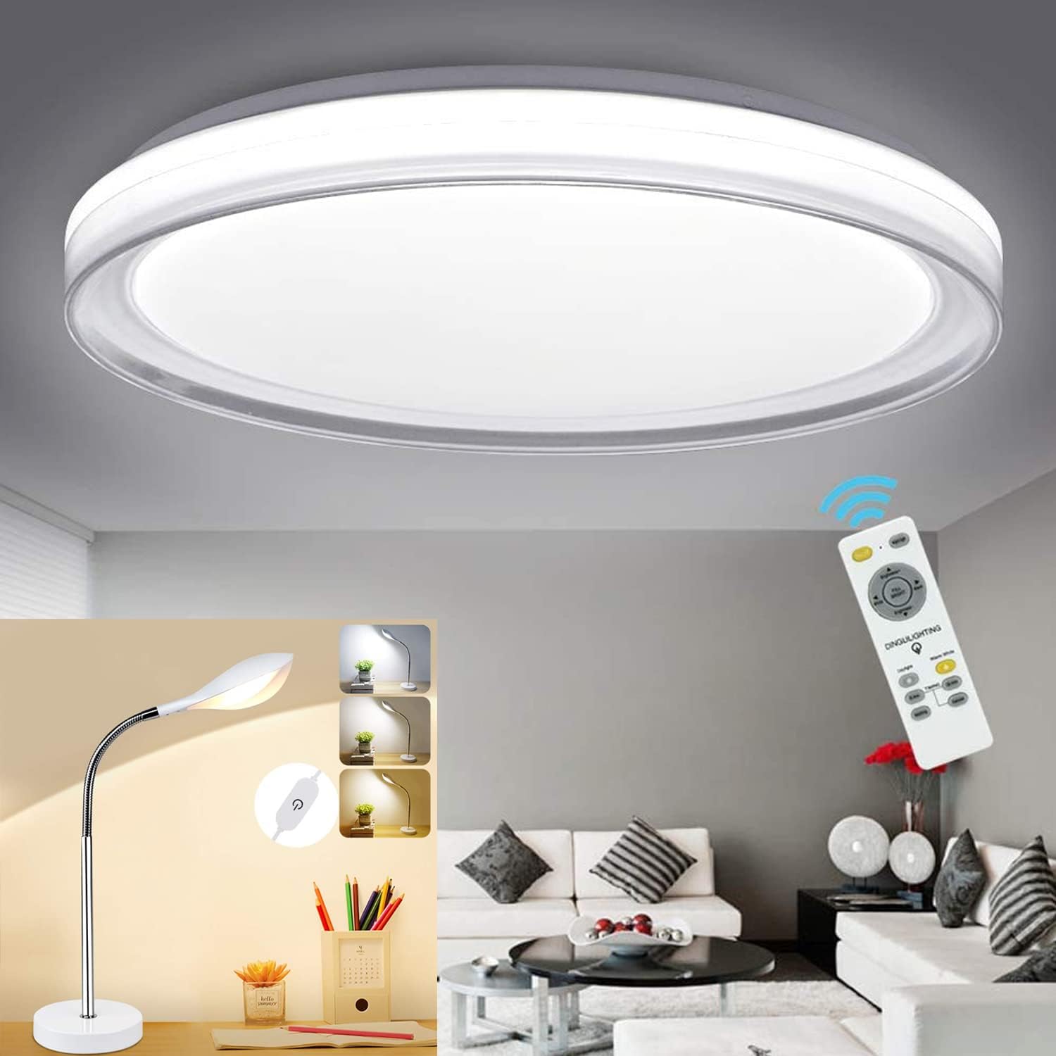 DLLT 48W Dimmable Led Flush Mount Ceiling Light with Remote, and 3 ...