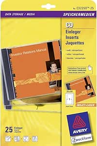 AVERY Zweckform C32250-25 CD-Einleger (25 CD-Cover, 151x118mm auf A4, Vorder- und Rückseite für ...