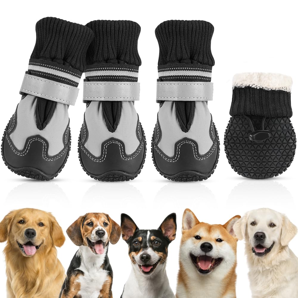 AUTOWT Dog Boots, Fleece Lined Paw Protector Dogs Shoes, Winter Snow ...