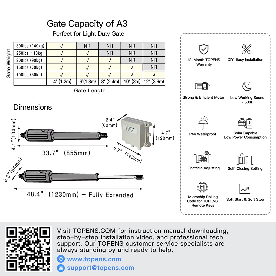 TOPENS A3 Automatic Gate Opener Kit Light Duty Single Gate Operator for ...