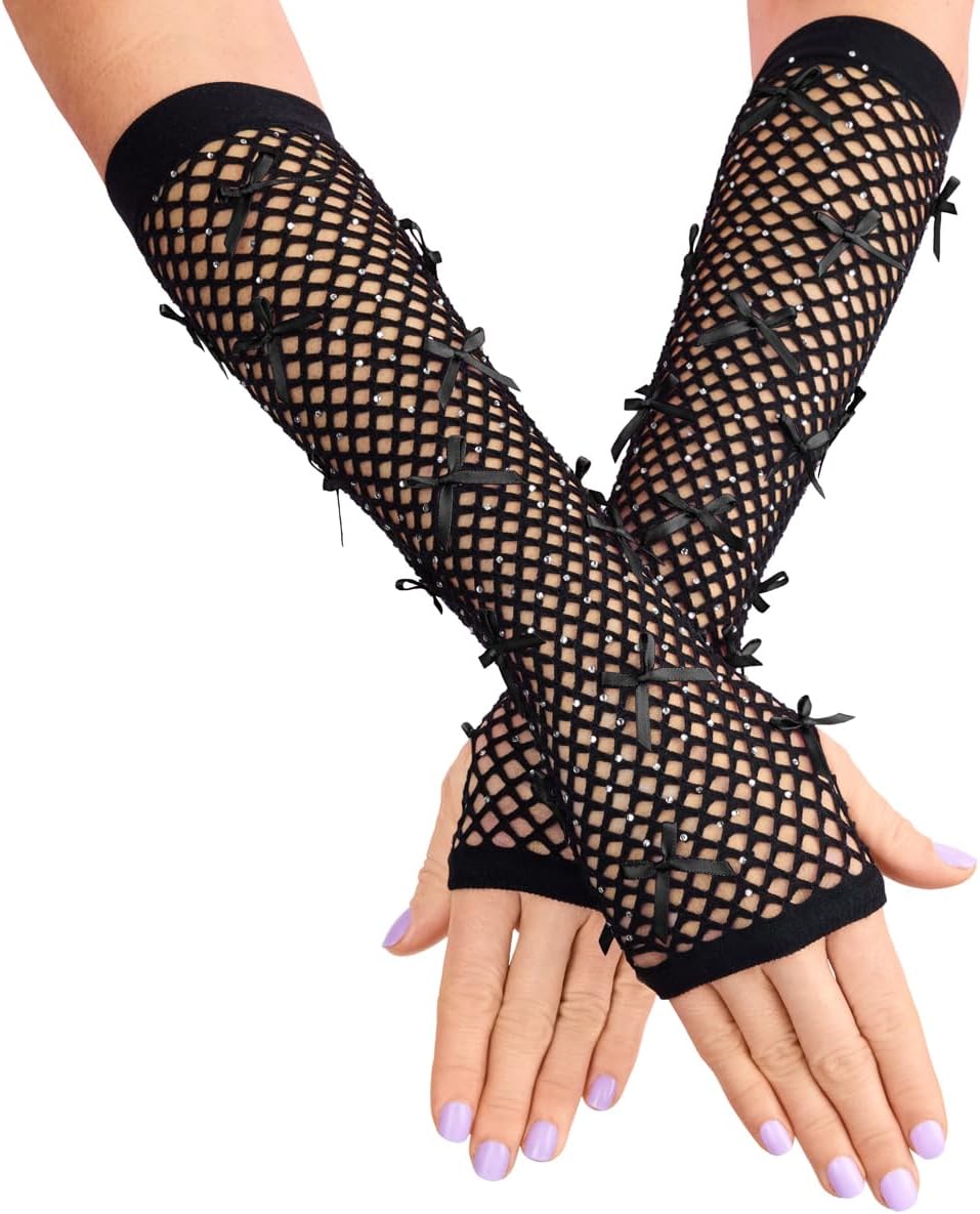 Amazon.com: xo, Fetti Black Bow + Rhinestone Fishnet Gloves | Rave ...