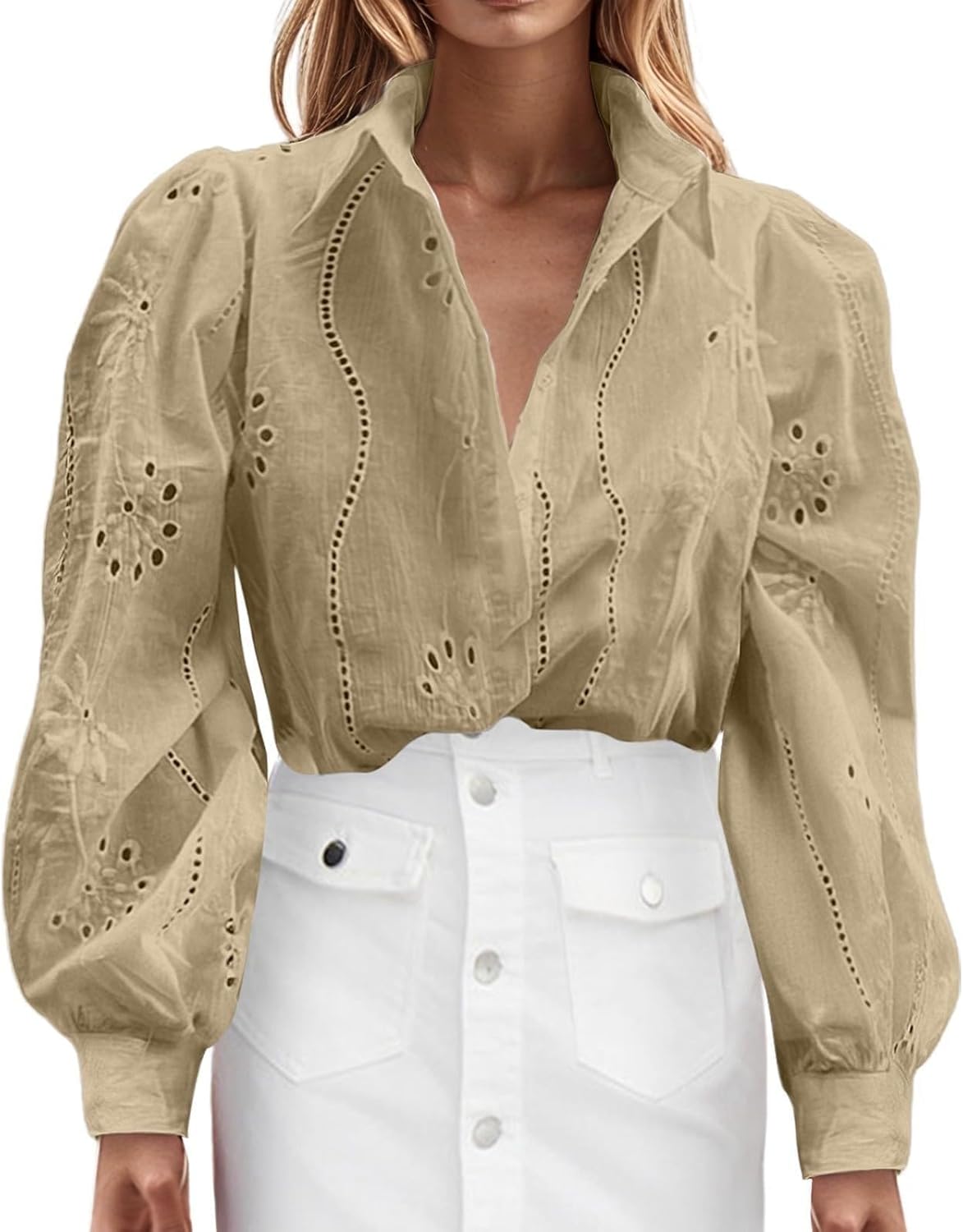 Amazon.com: Hollow Out Shirts for Women Lapel Button Down Puffed Sleeve ...