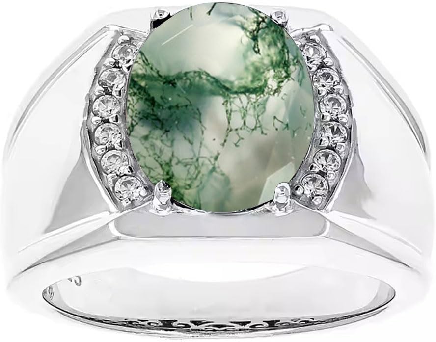 CTIEIP 10K 14K 18K Gold Men's 3 Carat Oval Moss Agate Engagement Ring with Diamonds Oval Moss ...