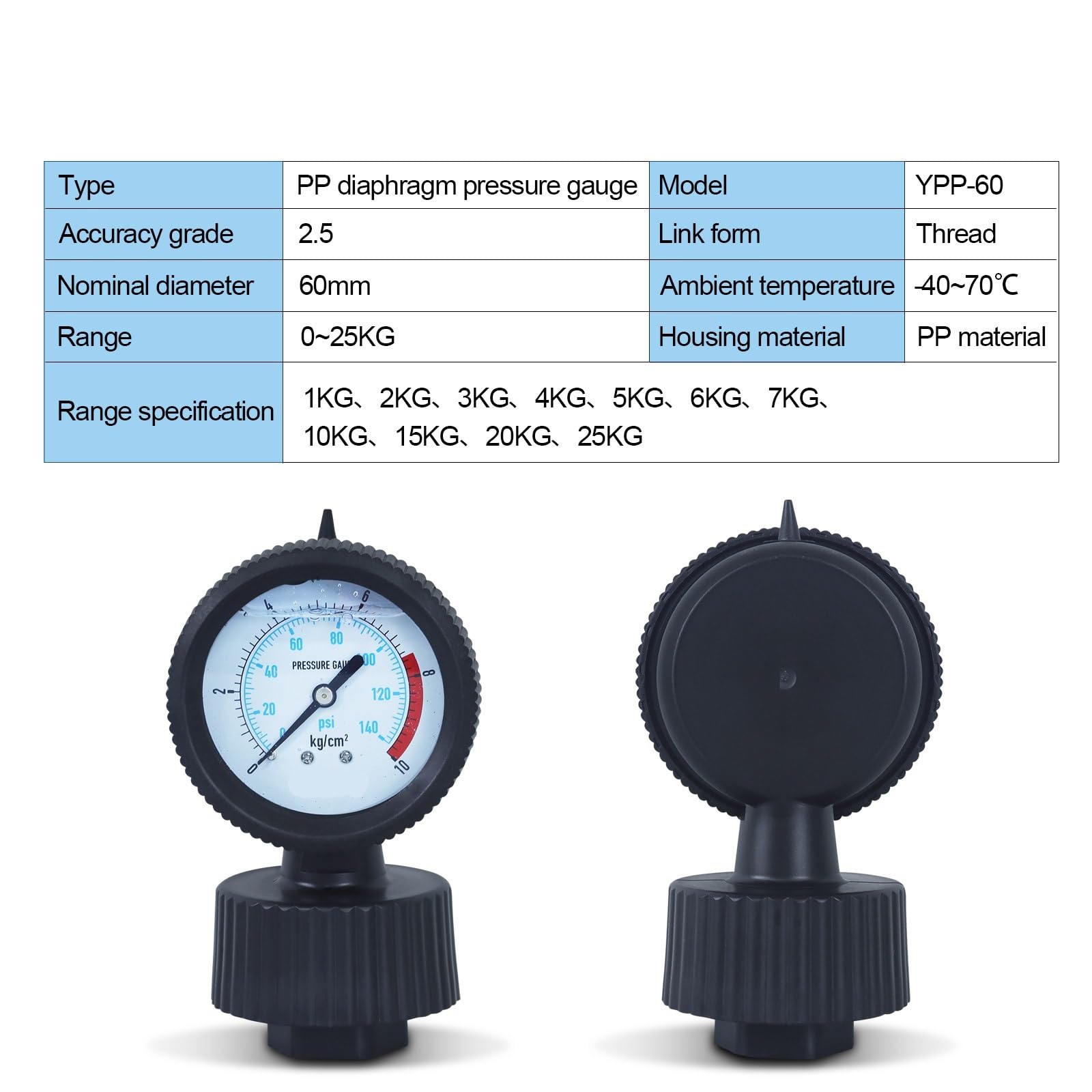 Snapklik.com : PP Diaphragm Pressure Gauge 60mm Diameter 0-25KG Radial ...