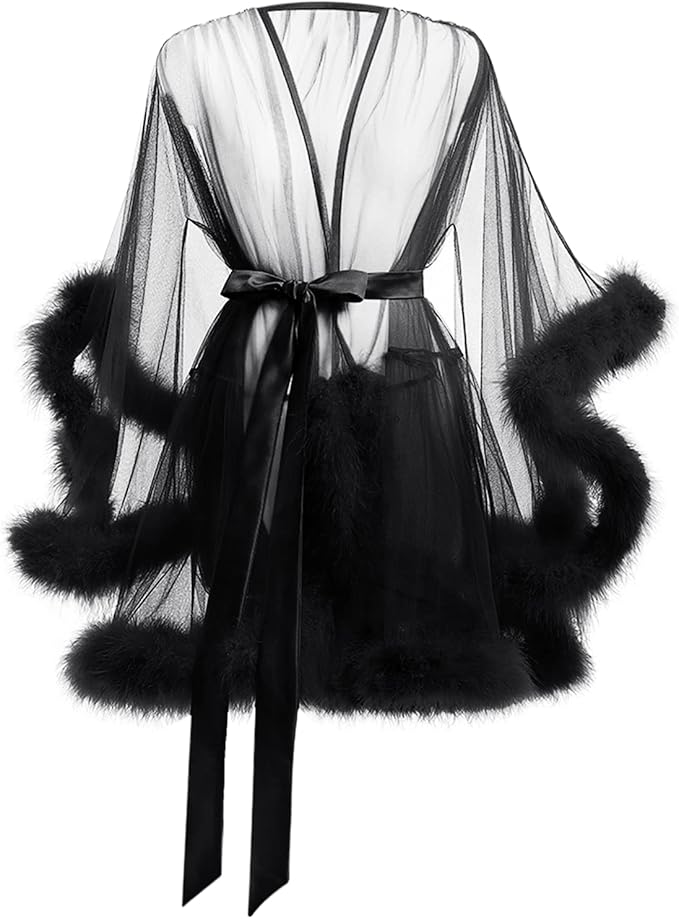 OhMill Women's Tulle Robe Feather Robe Sexy Lingerie Transparent ...