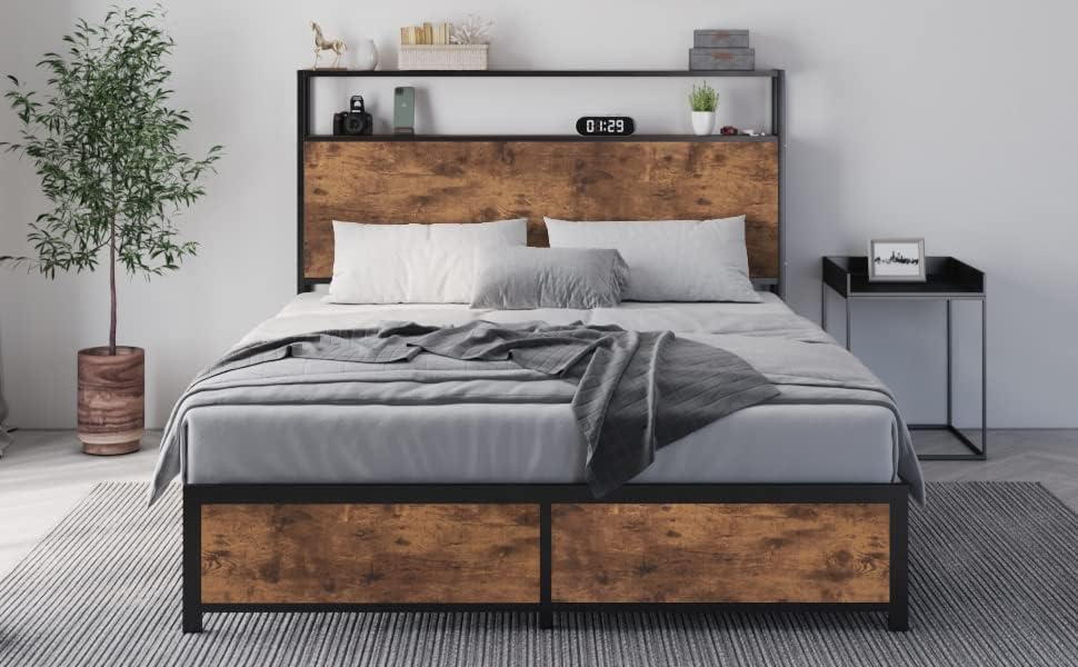 Base de cama Queen con cabecera de almacenamiento de 2 niveles, marco ...