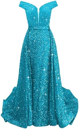 Amazon.com: Aqua Off Shoulder Sequin Prom Dresses 2025 with Detachable Mermaid Ball Gown Sparkly ...