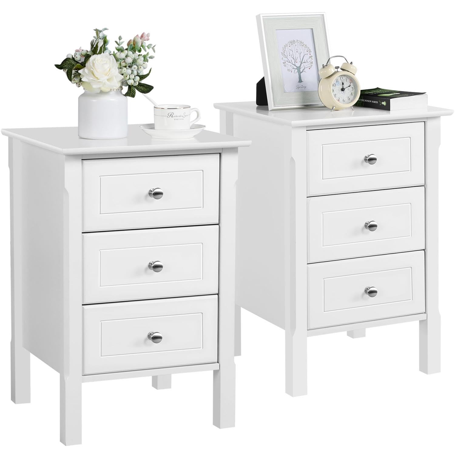 Amazon.com - Yaheetech Bedside Table Set of 2, Nightstand with 3 Drawer and Solid Wood Legs ...