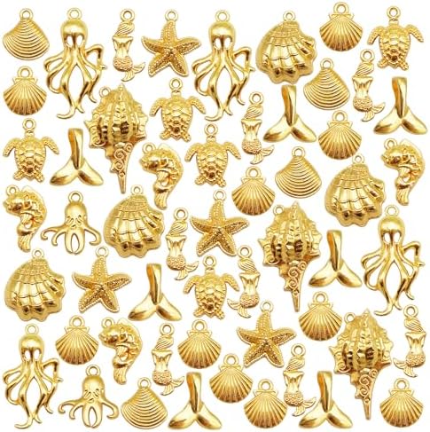 GraceAngie 100pcs Sea Animals Marine Life Charms Pendants Golden Ocean ...