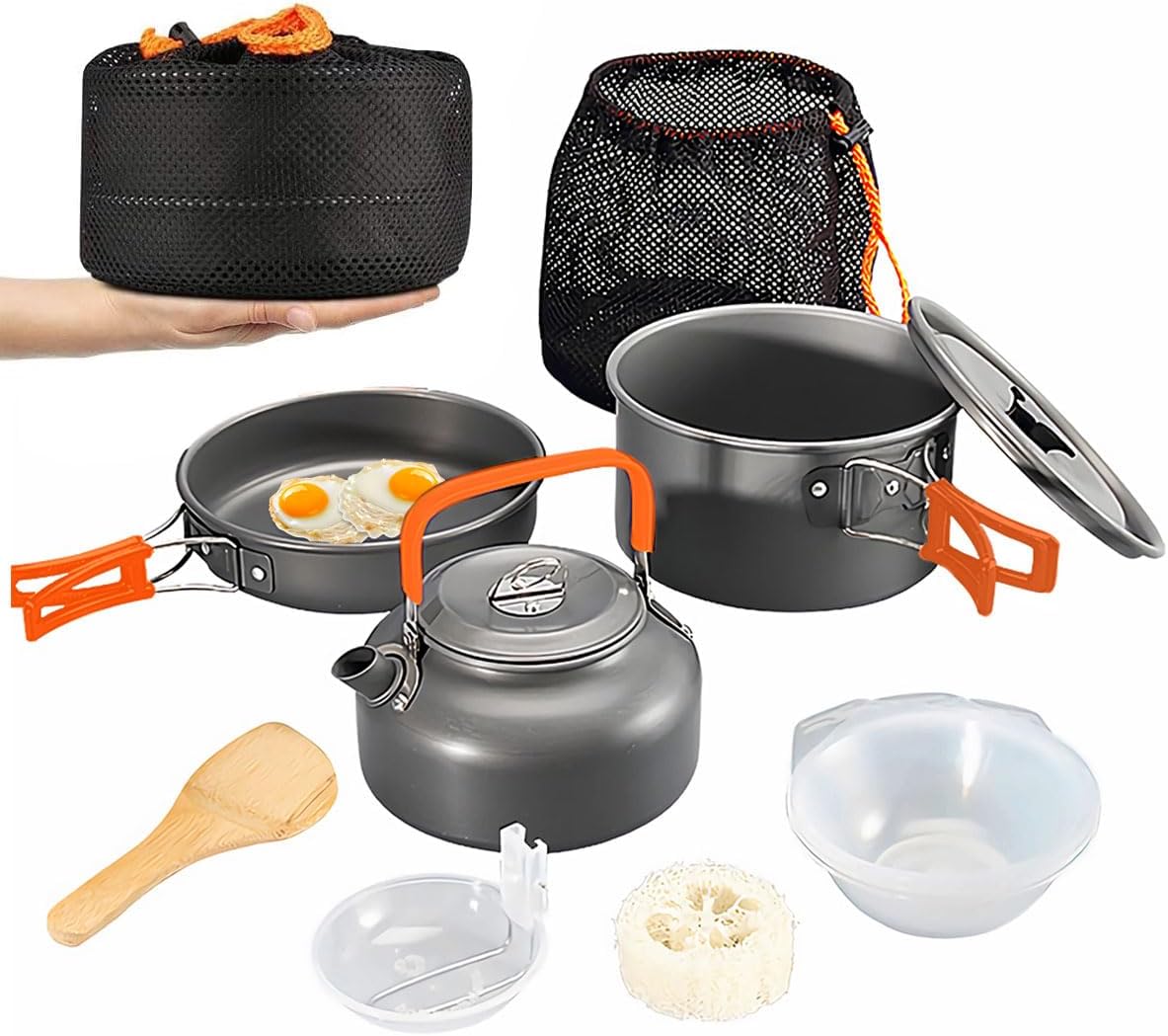 Camping Cookware Mess Kit 11 Pcs Easy to Carry Pot Pan Set Lightweight ...