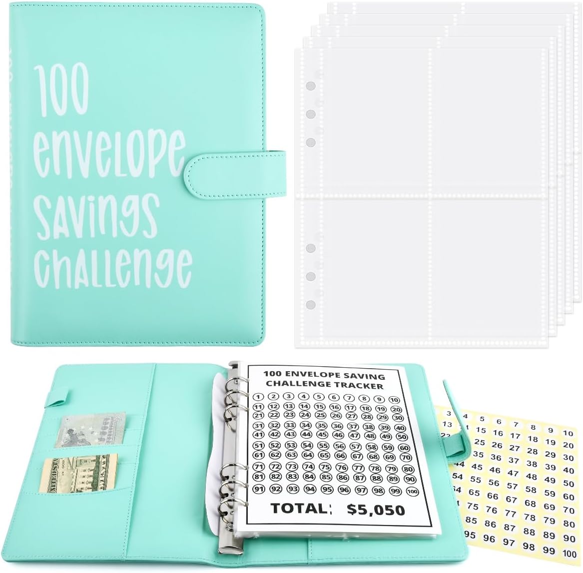 100 Envelope Savings Challenge Binder, 100 Envelopes, Mint Green ...