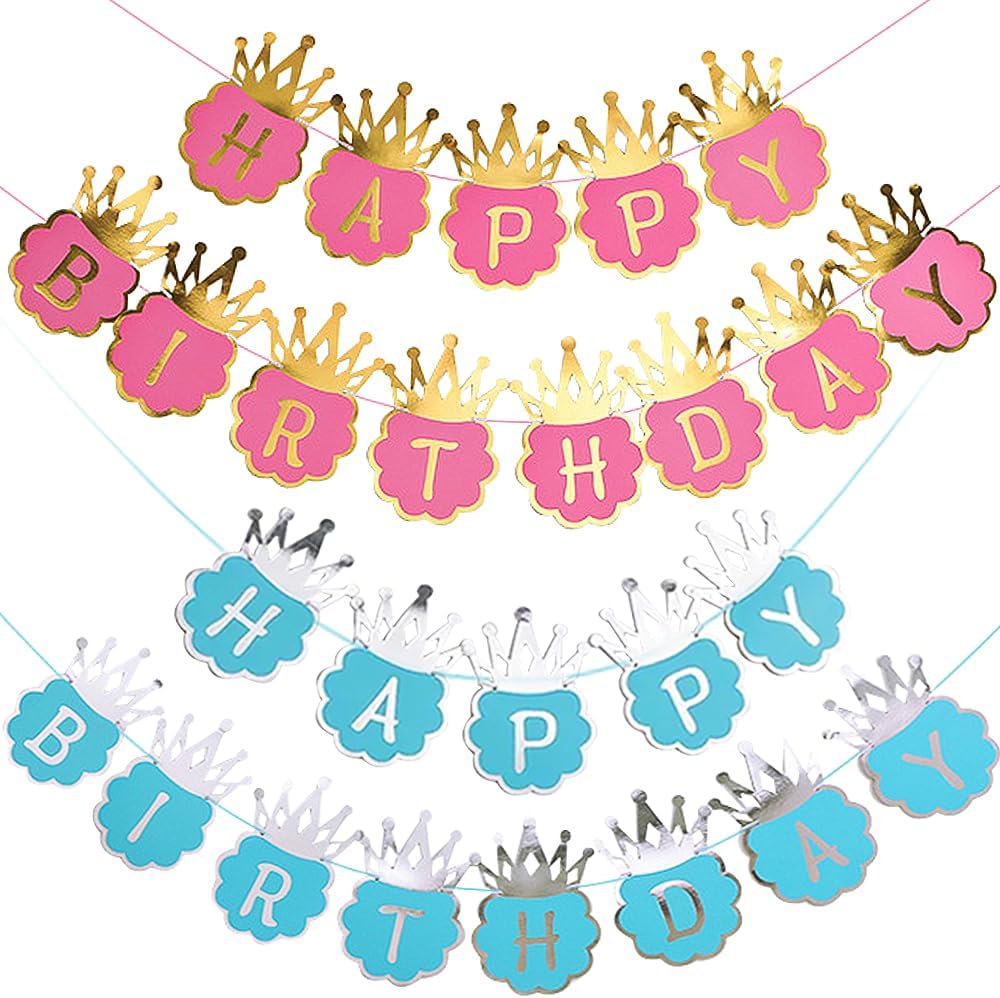 Amazon.com: 2Pcs Crown Happy Birthday Banner Pink Blue Happy Birthday ...