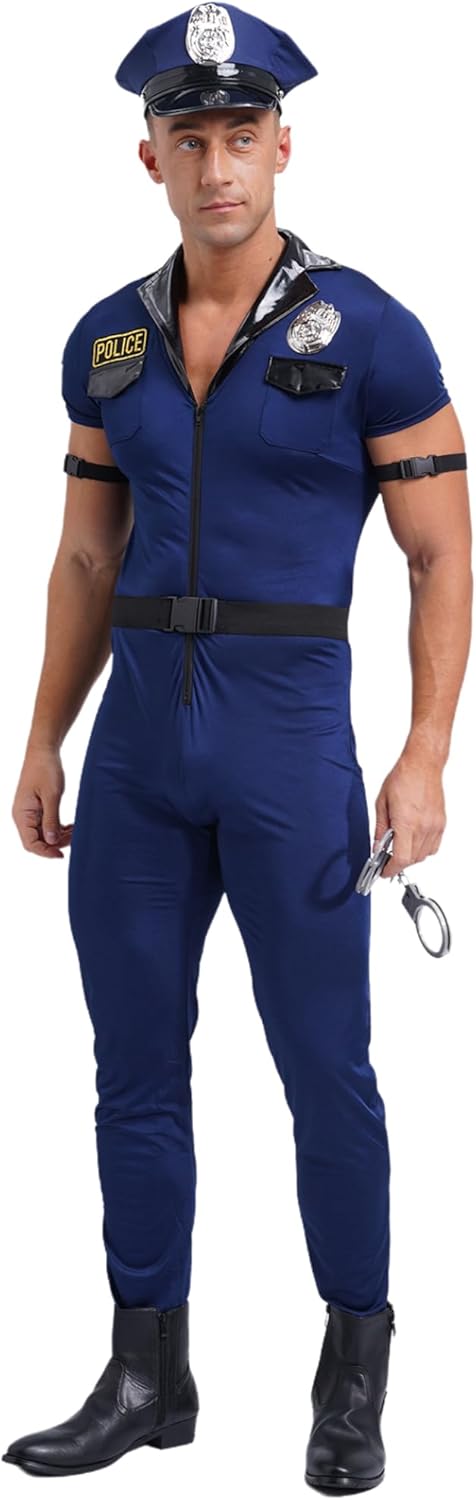 Amazon.com: Yruioon Men Sexy Police Costume Leather Neck One Piece Zip ...